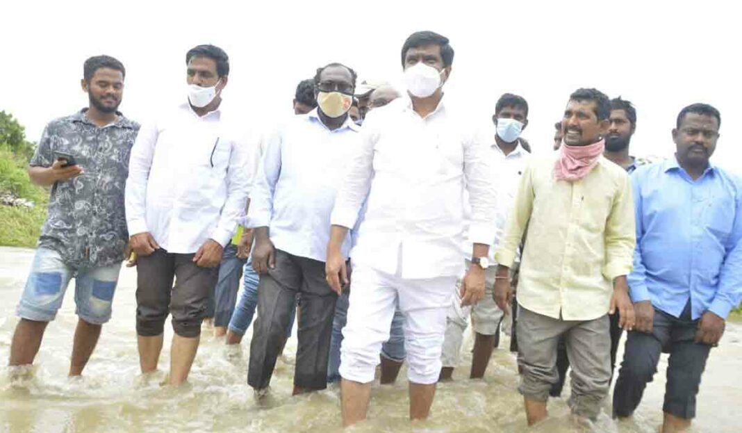దెబ్బతిన్న చెరువులు, పొలాలను పరిశీలించిన మంత్రి ప్రశాంత్‌ రెడ్డి ...